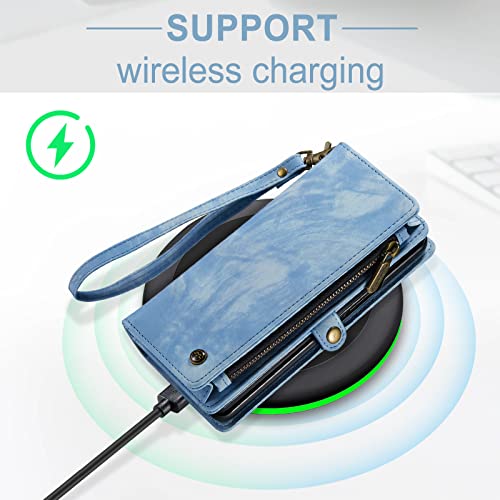 Zttopo for Samsung Galaxy Z Fold 4 Case, 2 in 1 Galaxy Z Fold 4 Wallet Case with Premium Leather Zipper Lanyard Card Holder, Durable Wristlet Flip Case Wallet Money Pocket Cover, Sky Blue