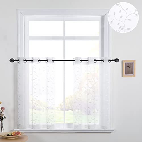 CUTEWIND White Sheer Tier Curtains 24 Inches Long for Kitchen/Bathroom Short Tier Curtains Leaves Embroidery Grommet Top Small Half Window Treatment (2 Panels, White, W30×L24 Inches)