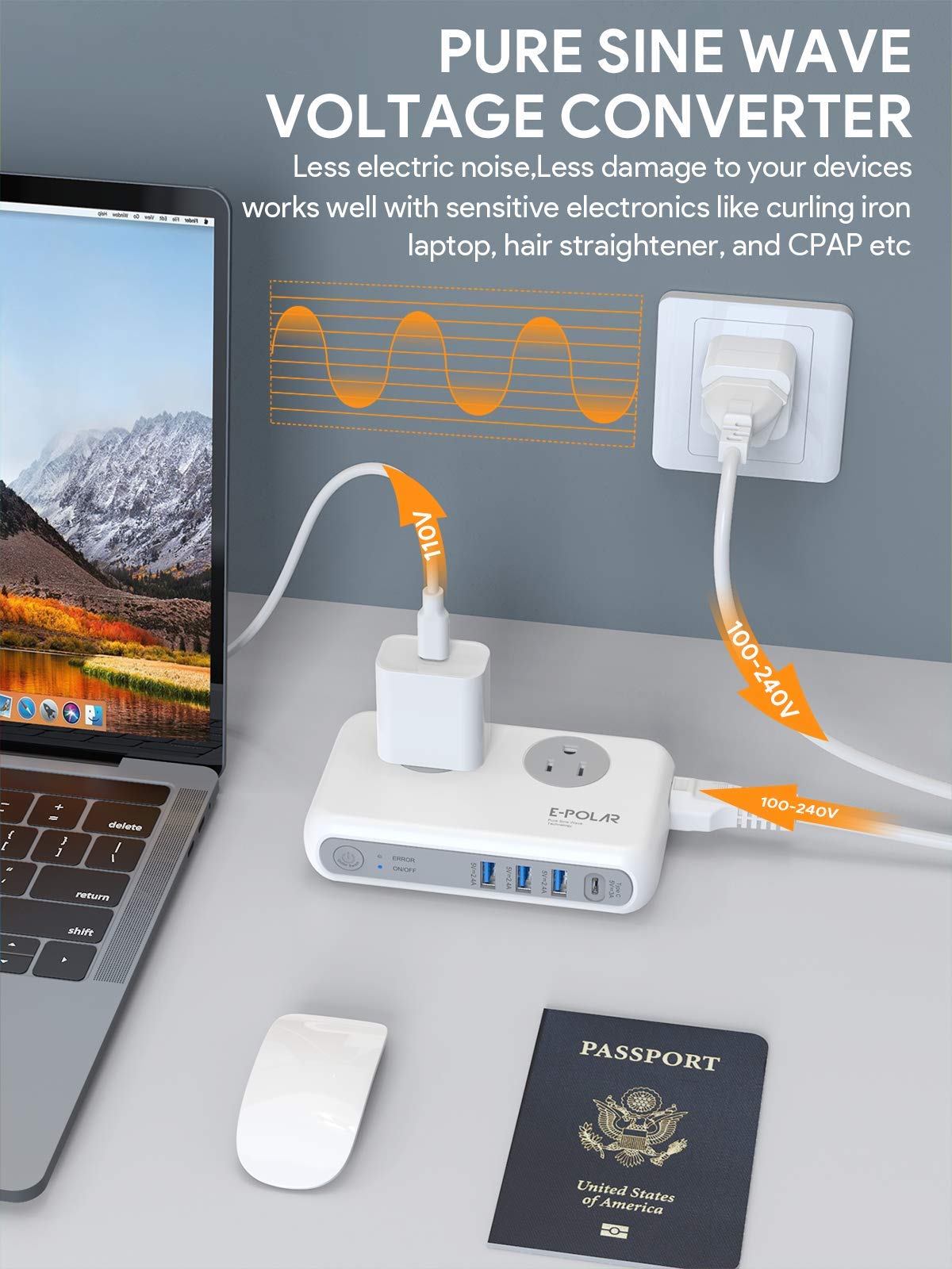 E-POLAR 220V to 110V Converter Travel Adapter (White)