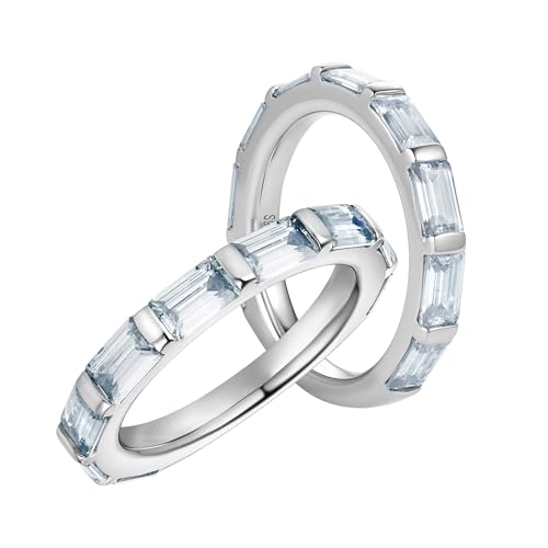 DovEggs Baguette Emerald Cut 4.5CTW Total 3X5mm Light Blue Moissanite Lab Grown Diamond Half Eternity Moissanite Wedding Band 14k Gold QUALITY Silver Engagement Ring Band Width 2.7mm (9)