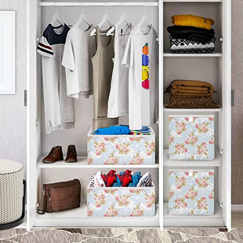 Ollabaky Floral Pink Roses Cube Storage Bin Fabric Foldable Storage Cube Basket Cloth Organizer Box with Handle for Closet Shelves, Nursery Storage Toy Bin, S