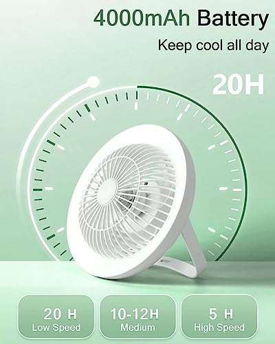 Small Desk Fan Battery Operated 8", 3 Speed Upgraded Max 20H Powerful Airflow, Circular LED Light, Rechargeable USB Fan, Table Fan for Camping, Bedside, Desk, Quiet Small Fan, 90° Tilt Stand