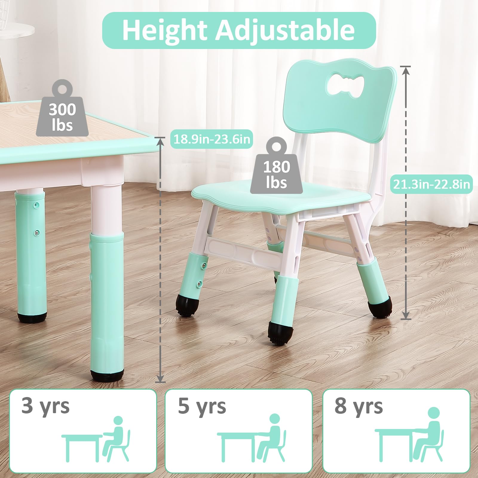 Kids Table and Chairs Set, Height Adjustable Desk with 4 Seats for Ages 2-10,Arts & Crafts Table,Graffiti Desktop, Non-Slip Legs, Max 300lbs, Children Multi-Activity Table for Classrooms,Daycares,Home