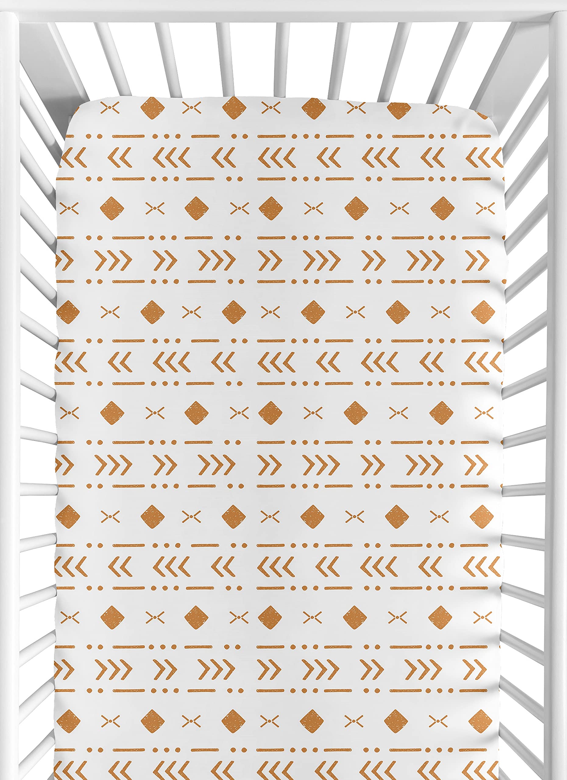 Sweet Jojo Designs White Orange Boho Tribal Mudcloth Boy Girl Fitted Crib Sheet Baby or Toddler Bed Nursery - Pumpkin Woodland Bohemian Southwest Geometric Arrow Gender Neutral Aztec Mud Cloth