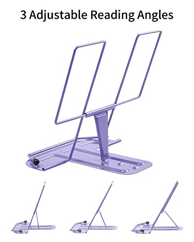 MSDADA 2pc Metal Book Stand for Desk, Adjustable Reading Rest Book Holder, Portable Cookbook Documents Holder, Sturdy Typing Stand for Recipes Textbooks Tablet Music Books with Page Clips (Purple)