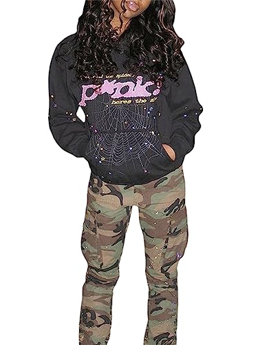 KOSUSANILL Full Zip Up Hoodies Spider 555 Gothic Graphic Print Designer Hoodie Y2K Rhinestone Oversized Sweatshirt Halloween outfit (Black Spider Net, M)