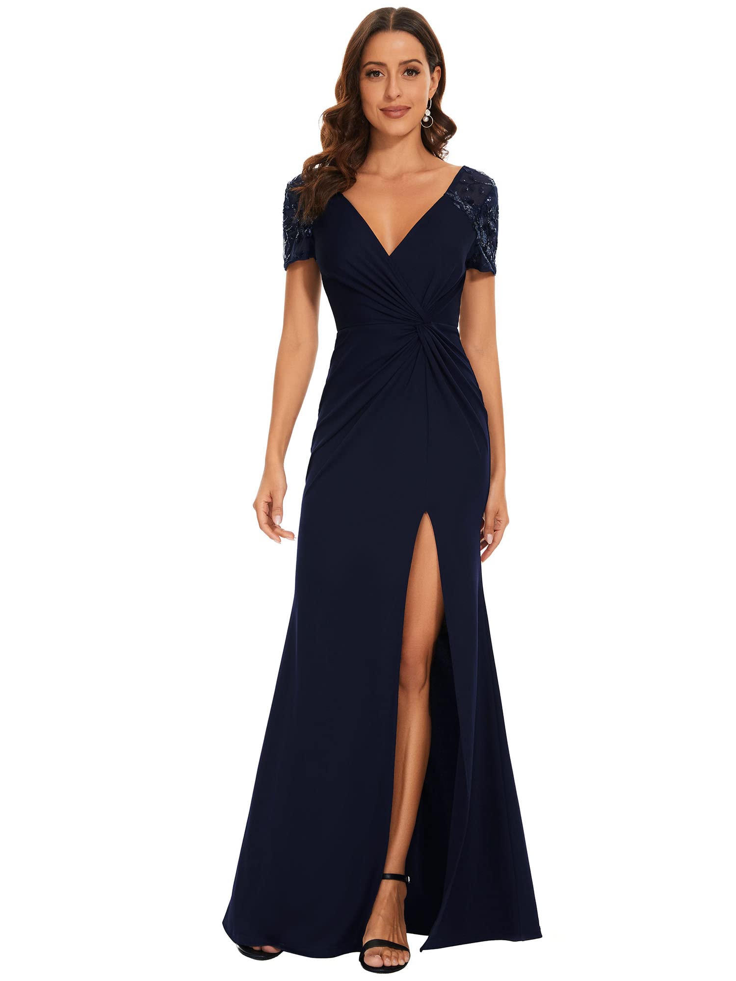 Ever-Pretty Women's V-Neck Ruffle Sleeves V Back Bodycon Formal Gowns and Evening Dresses Navy Blue US10