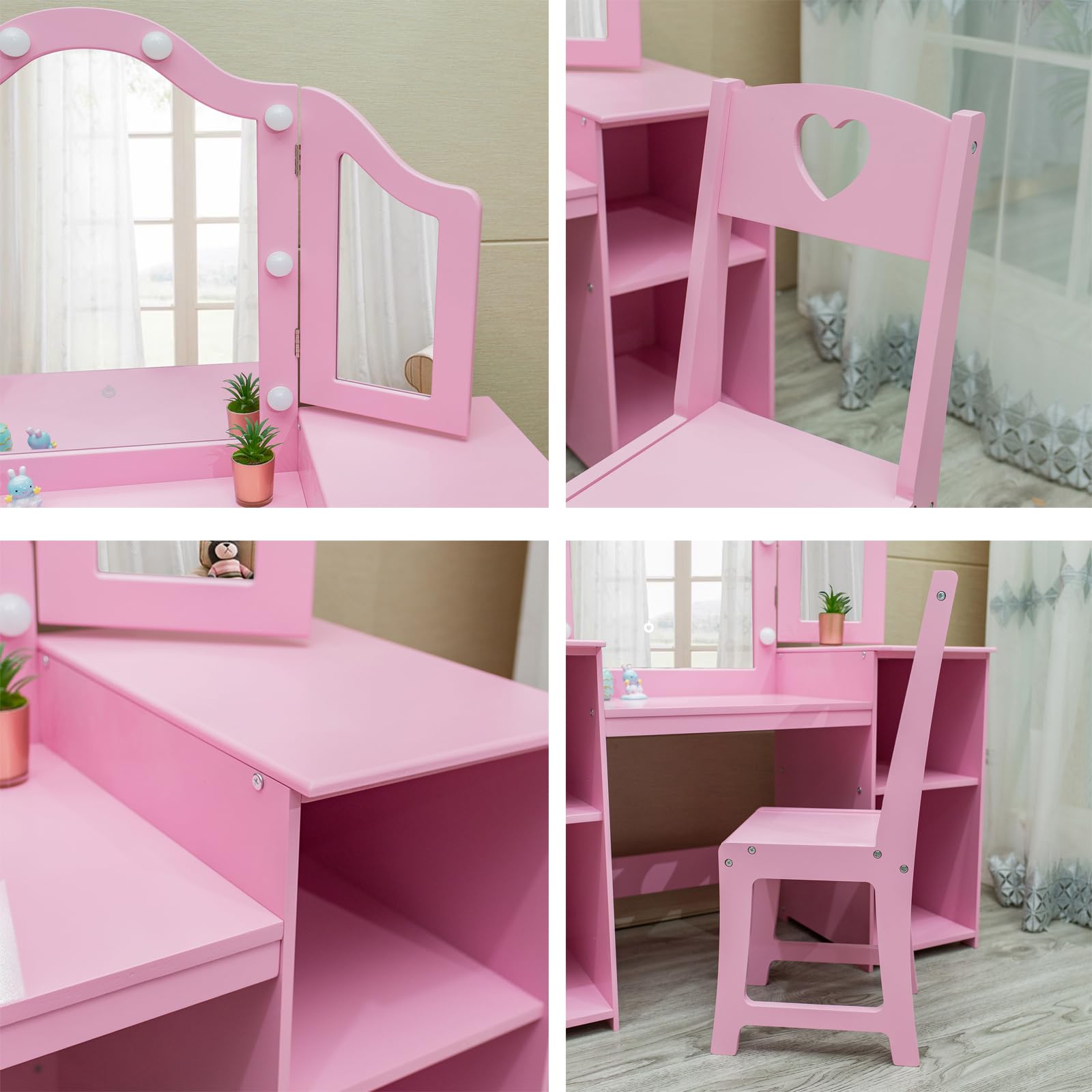 Kids Vanity Table, Girls Vanity Withtouch Light Detachable Tri-Folding Mirror, Open Storage Shelves, Wood Makeup Playset with Chair, Princess Vanity Table for Toddlers