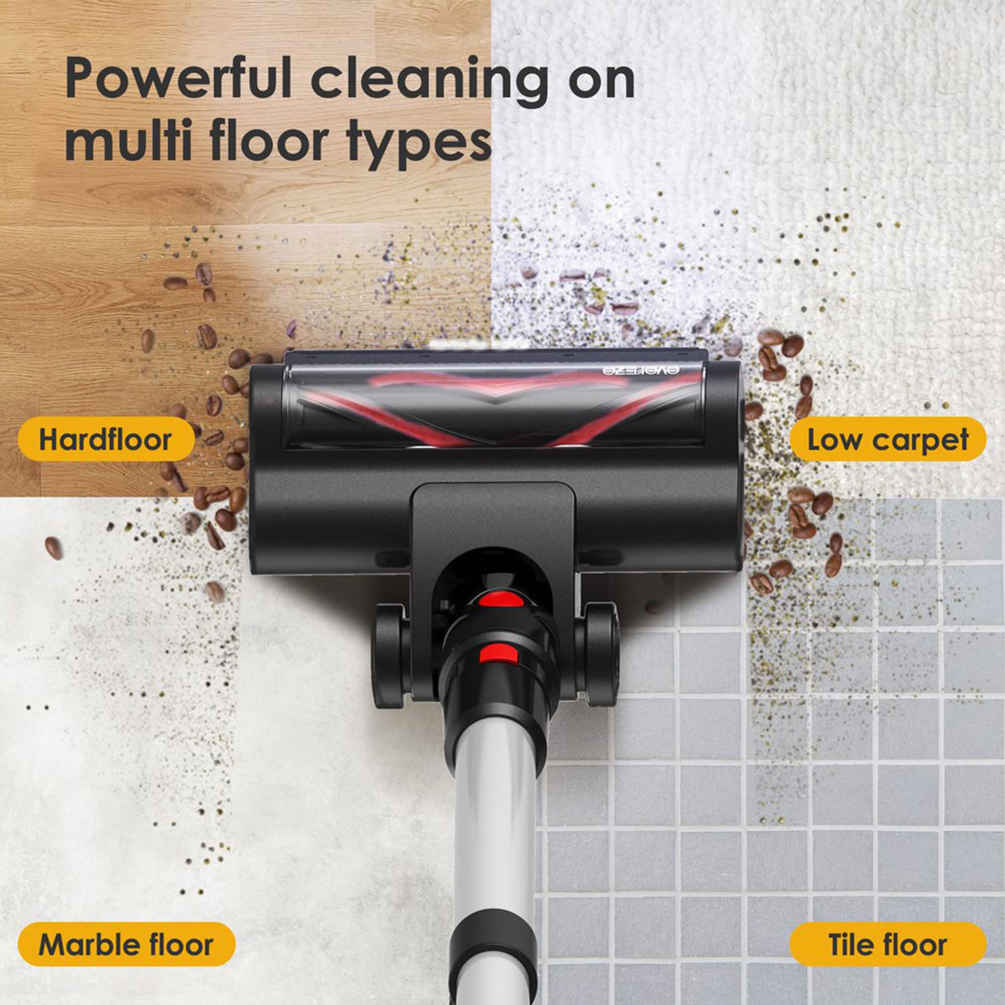 Evereze EVC4001 Cordless Stick Vacuum with 45 Minute Runtime, 1.1 Liter Large Dust Cup, Stretch Hose, LED Display, and Multiple Accessories
