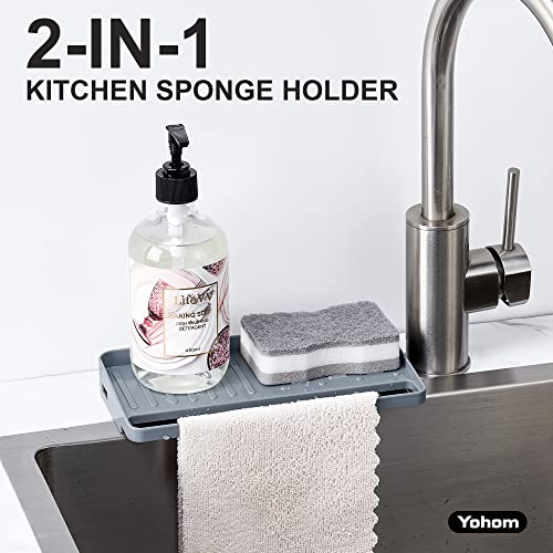 YOHOM Suction Cup Sponge Holder for Kitchen 2-in-1 in Sink Dish Rag Holder for Undermount Sink Plastic Scrubber Sponge Tray Organizer, Installation Size 9.06" L x 3.15" W