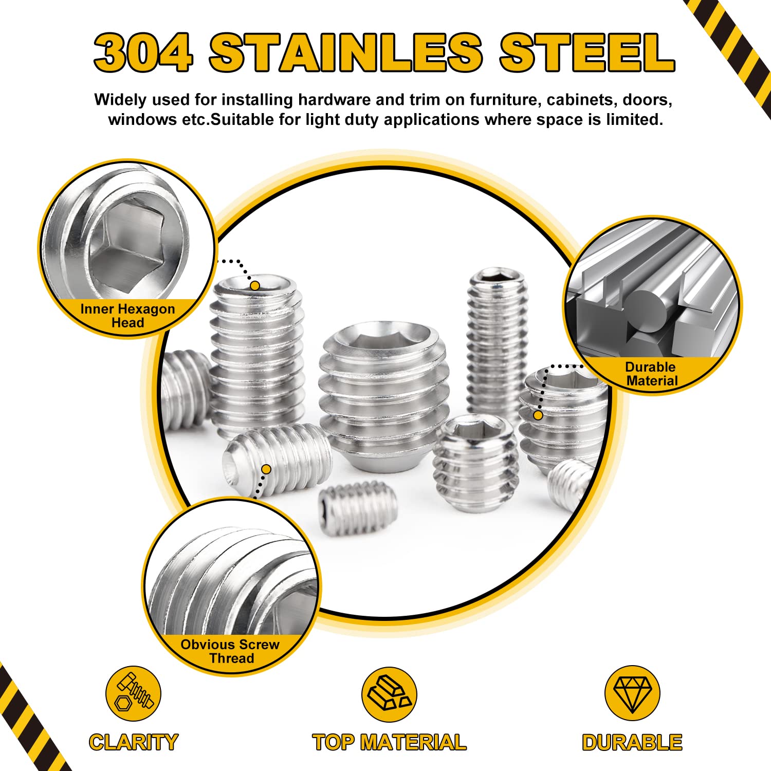 TOTFSTNR 230Pcs 304 Stainless Steel Socket Set Screws Assortment Kit, M3 M4 M5 M6 M8 Grub Screws with Hexagon Socket, Hex Allen Head Screw Set Kit for Door Handles, Light Fixture (Metric)