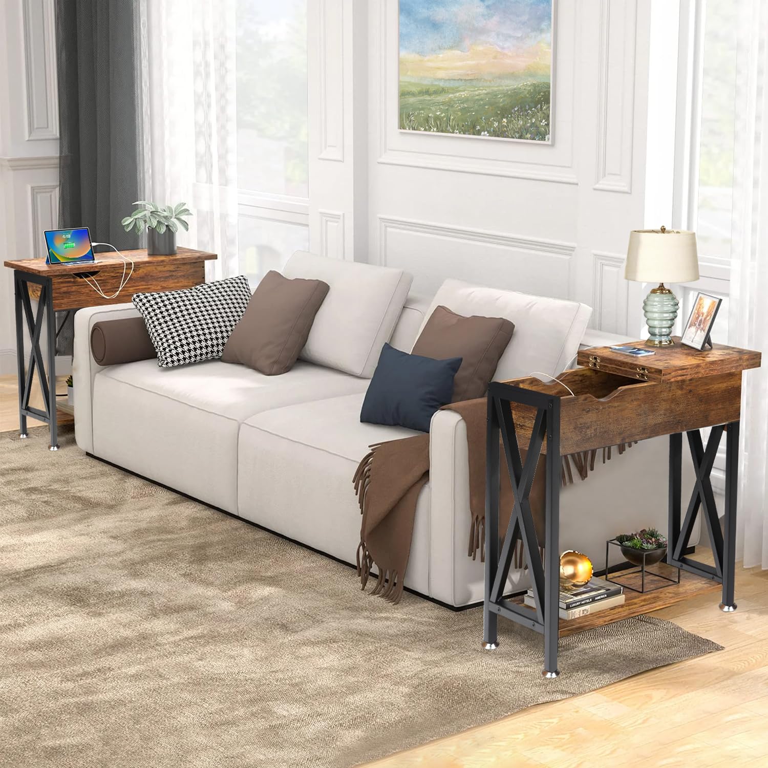TooCust End Tables Living Room with Charging Station, Flip Top Side Table with USB Ports and Outlets, Couch End Tables, Narrow End Tables with 5.5" Deep Flip Top Drawer(11.2" D x 24" W x 24" H)