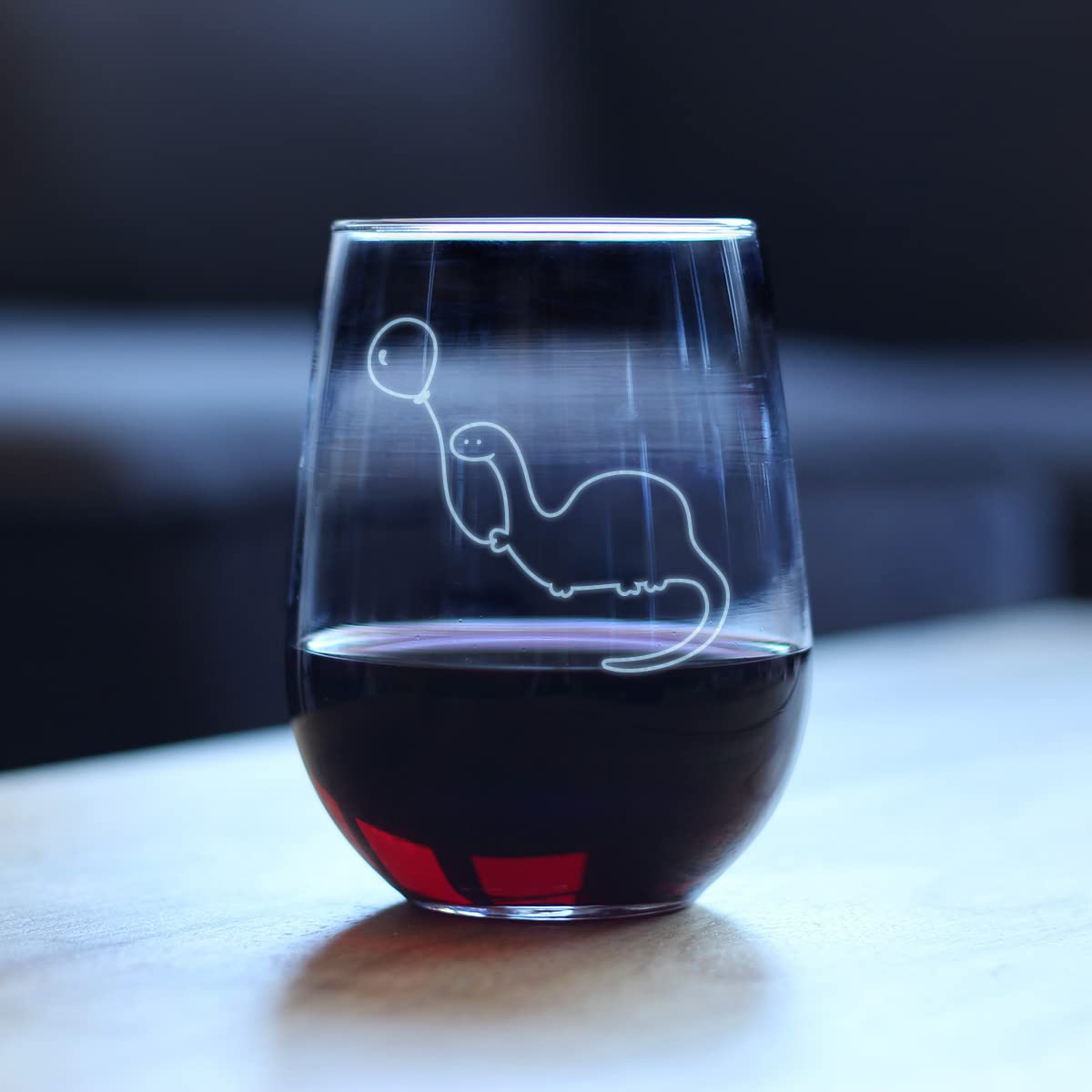 Dinosaur With Birthday Balloon - Stemless Wine Glass - Cute Funny Dino Themed Gifts and Decor for Dinosaur Lovers - Large 17 Oz Glass
