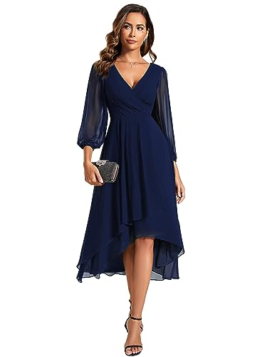 Ever-Pretty Women's Chiffon Spring V Neck Long Sleeves Pleated A-Line Midi Length Wedding Guest Dress Navy Blue US12