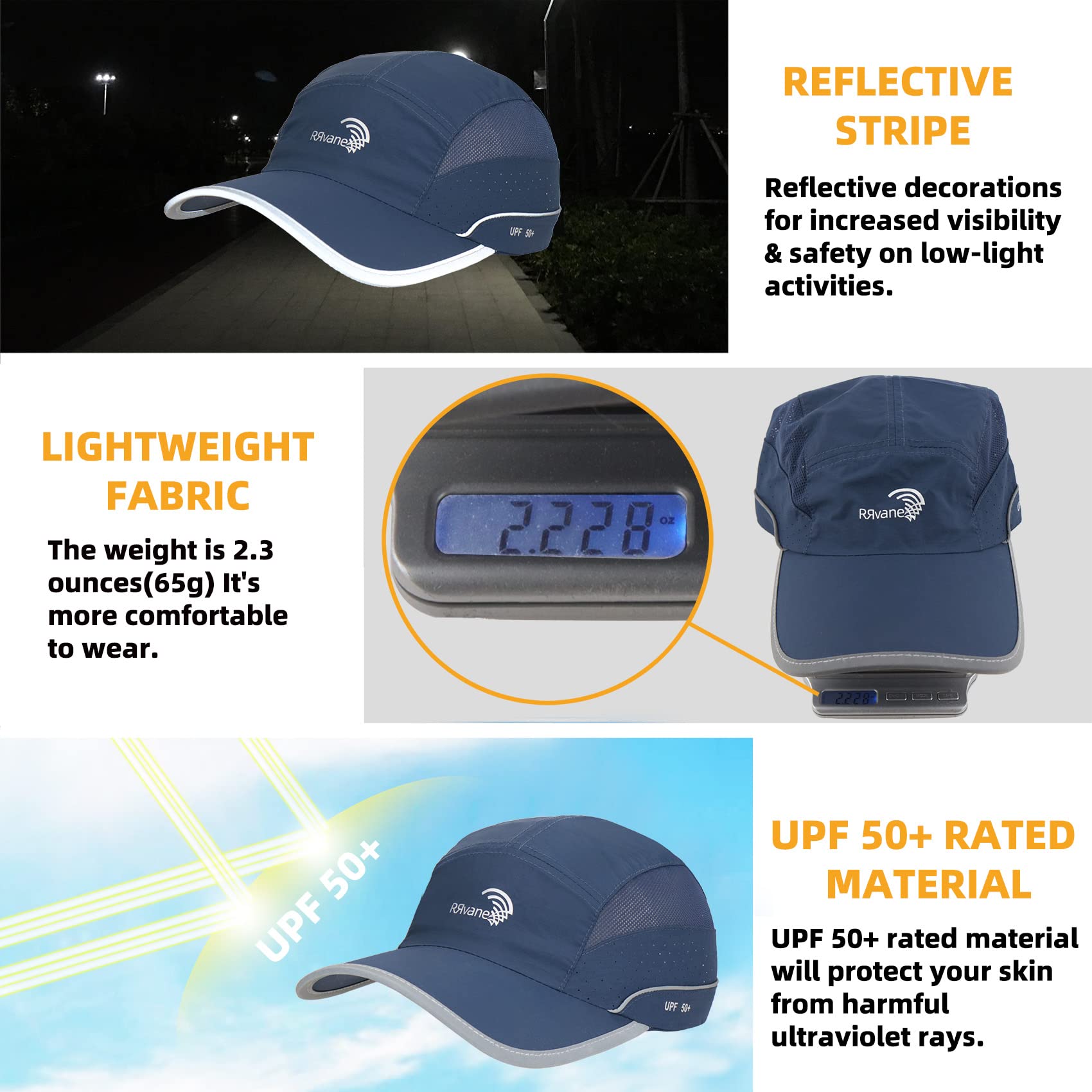 Foldable Running Cap UPF50+ Quick Dry Outdoor Sports Hat Reflective Lightweight Unstructured Baseball Cap for Men Women (Navy, Folding)