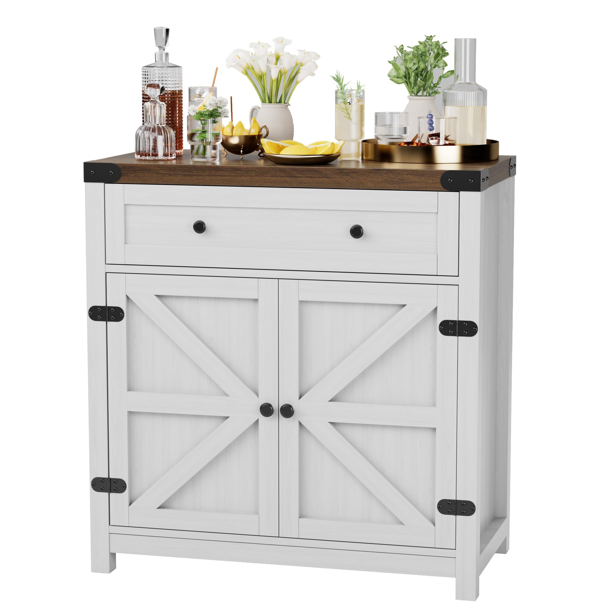 JUMMICO Coffee Bar Cabinet Farmhouse Kitchen Sideboard Buffet Cabinet with Drawer and Adjustable Shelf Barn Door Storage Cabinet for Kitchen, Dining Room, Bathroom, Entryway(White)