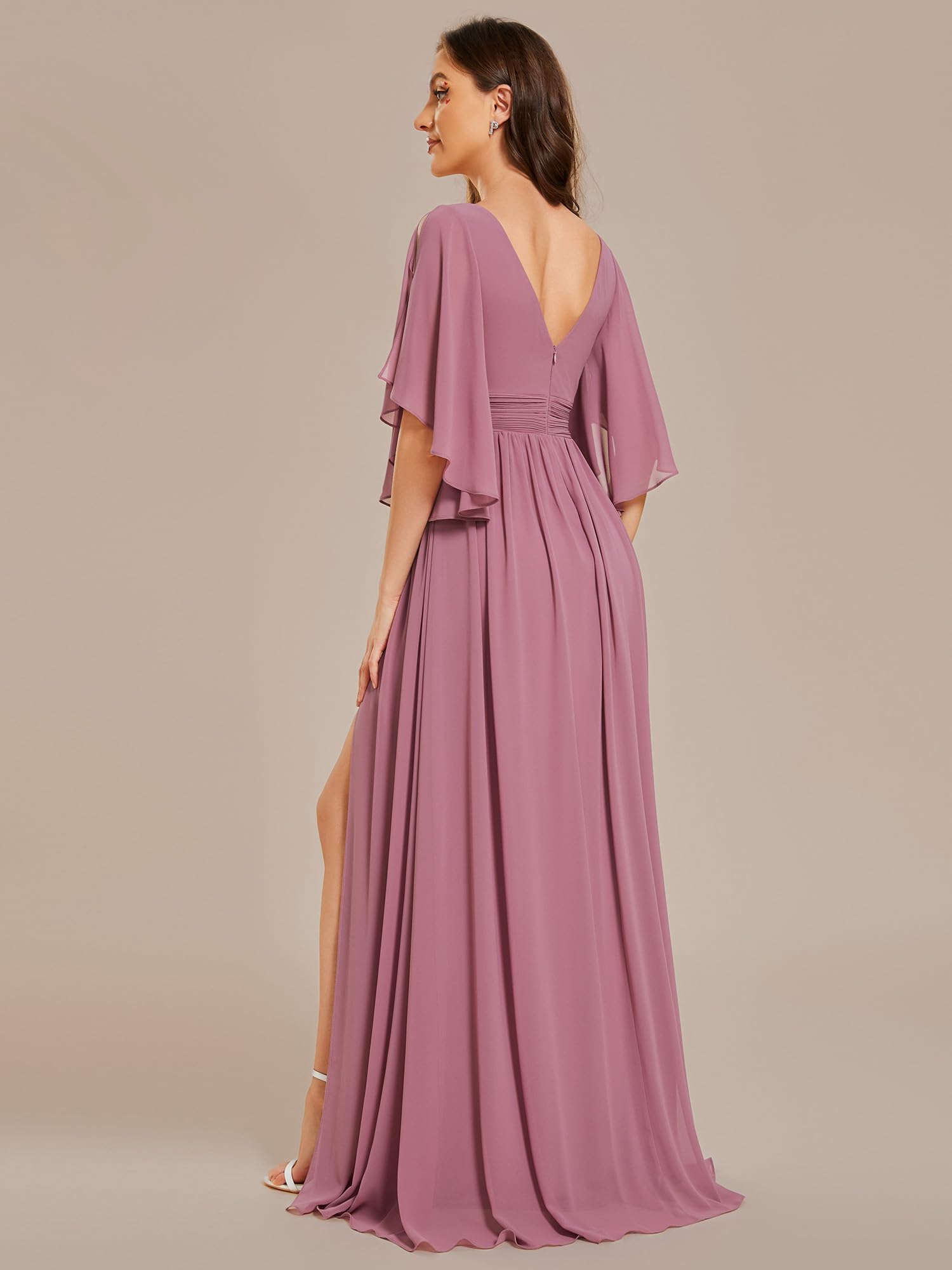 Ever-Pretty Women's V Neck A Line Split Half Sleeves Floor Length Chiffon Ball Gowns Orchid US16