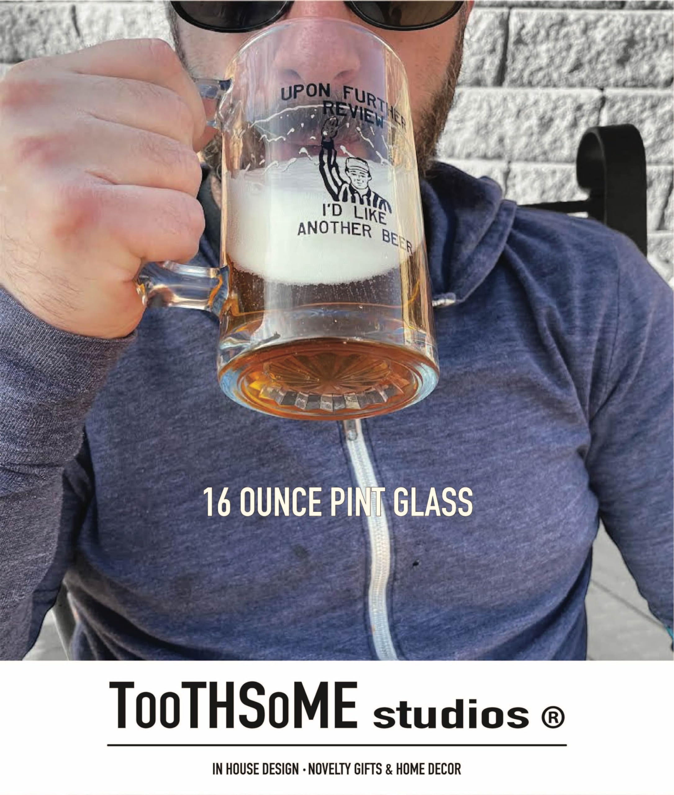 Toothsome Studios Upon Further Review I'd Like Another Beer 16oz Beer Mug Football Themed Glassware Octoberfest Pint Glass