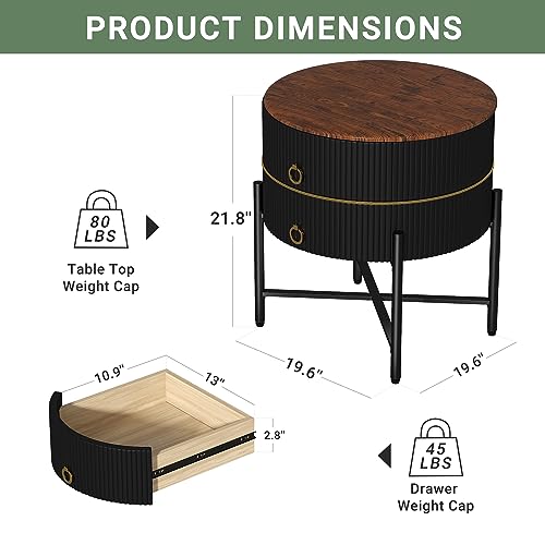 O&K FURNITURE Black Round Side Table for Living Room, Modern End Table with 2 Drawers, Metal Legs Nightstand for Bedroom, Black & Brown