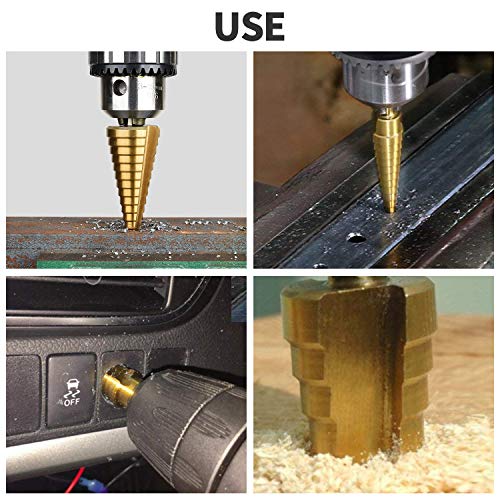 HSS Step Drill Bit Set - 3PCS 1/4" Hex Shank Titanium Coated High Speed Steel Hole Drill Cone Bits Stepped Up Unibit for Sheet Metal Hole Drilling Cutting Hole (1/8 Inch - 3/4 Inch)