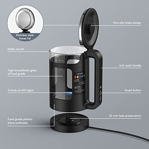 Smart Electric Kettle Quiet Glass Electric, Prevent Limescale Ruste Lnner Liner Base,Keep Warm Tea Kettle & Hot Water Boiler,Temperature Control with 5 Presets,Auto Shutoff and Boil-Dry Protection