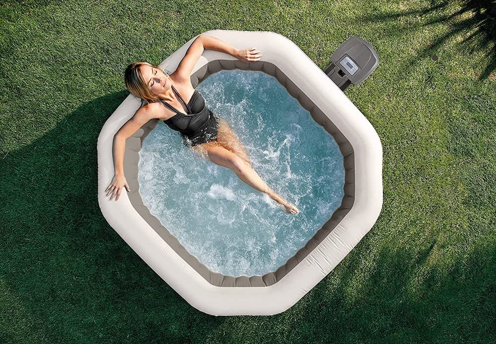 INTEX 28433EP PureSpa Bubble Deluxe Spa Set: Includes Energy Efficient Spa Cover β 120 Bubble Jets β Octagonal Design β 4 Person Capacity β 71" x 71" x 28"