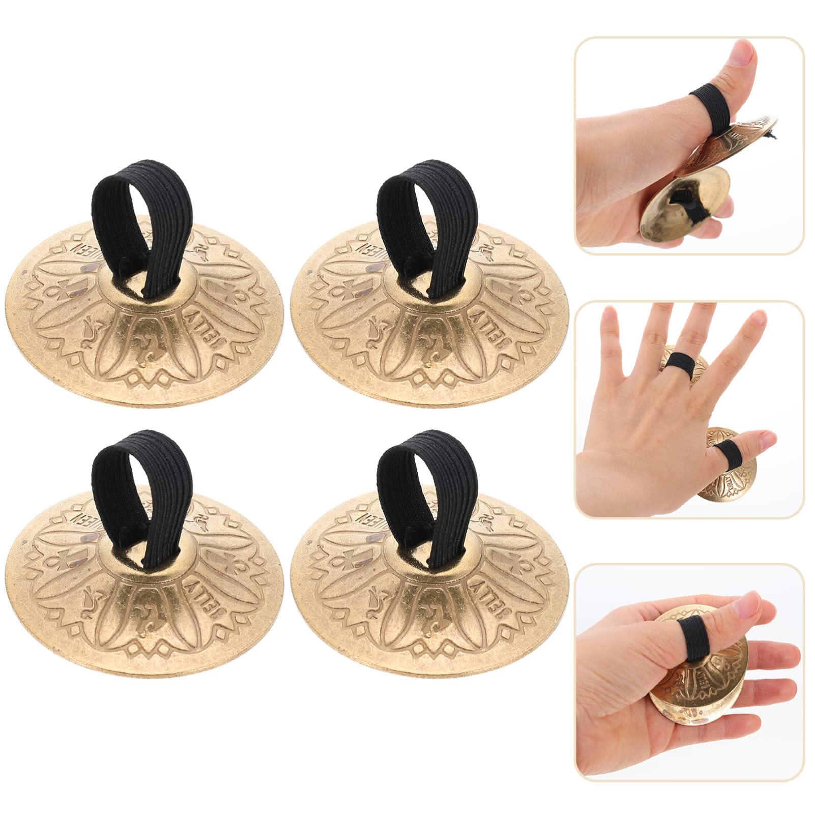 Generic 4 PCS Finger Cymbals, Hand Cymbal Belly Dance Zills with Elastic Band, Engraved Lotus, Percussion Music Instrument for Kids, Adults