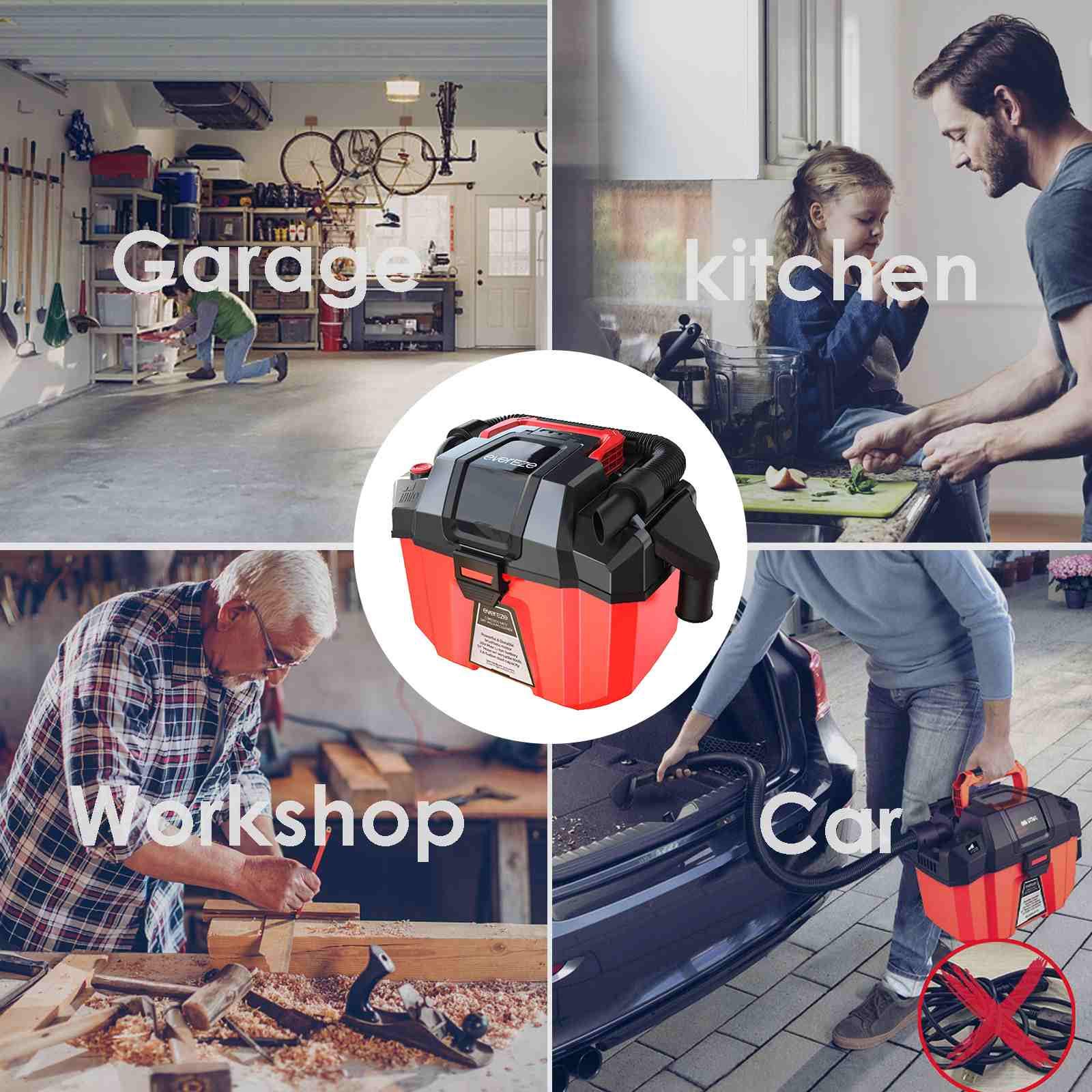 Evereze Cordless Shop Wet Dry Vacuum Cleaner 2 Peak HP 2.6 Gallon Lightweight Powerful Suction Detachable 2.0Ah Battery for Garage, Car, Home & Workshop -V20 Plus