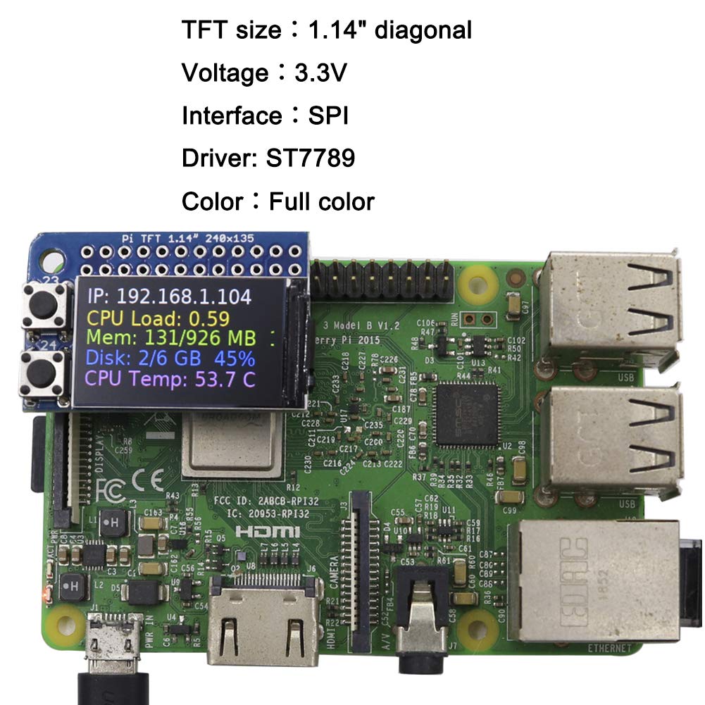 DIYmall 2PCS 1.14" Mini PiTFT LCD Display Module 135x240 Full Color TFT SPI ST7789 3.3V Add-on LCD Module for RaspberryPi