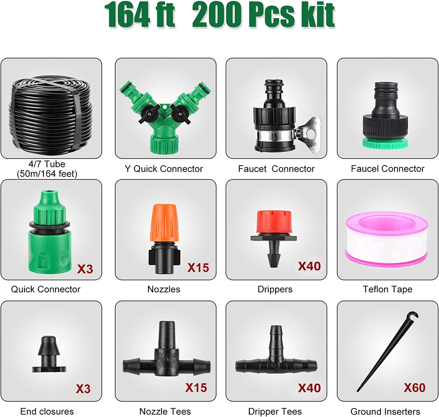 Drip Irrigation Kit,164FT 200 Pcs Garden Irrigation System 1/4" Blank Distribution Tubing Watering Drip Kit Automatic Irrigation Equipment for Garden Greenhouse, Flower Bed,Patio,Lawn (Green)