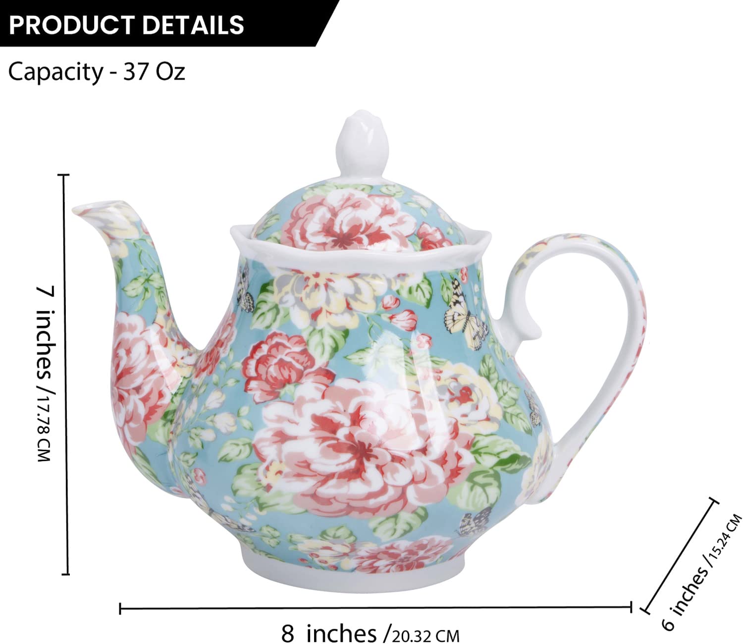 European Style Ceramic Teapot Coffee Pot Water Pot Porcelain Vintage Gift Tea Pot - 37 Oz - May Blossom