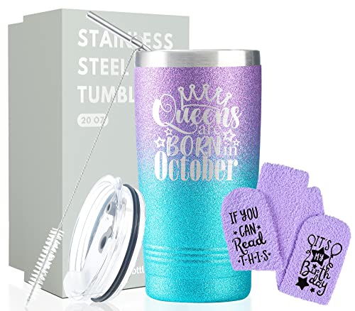 Onebttl Birthday Gifts for Women, Happy Birthday Tumbler for Her, Friends, 20 oz Insulated Cup with Funny Socks, Glitter Purple, Queens are Born in October
