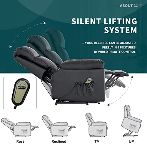 EROMMY Power Lift Recliner Chair, PU Leather Recliner with Massage and Heat for Elderly, Side Pocket, Wired Remote Control, Black