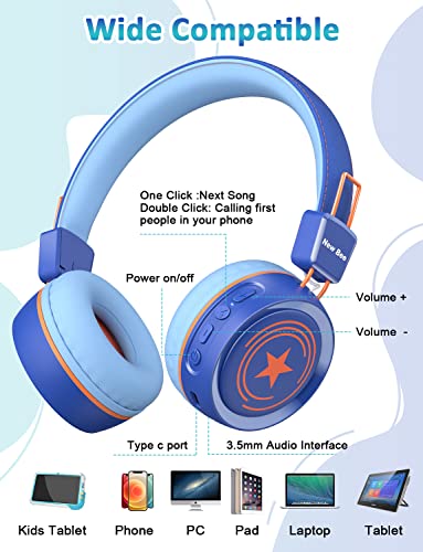 New bee Kids Bluetooth Headphones with Microphone Bluetooth 5.0 Wireless Kids Headphones with 32H Playtime/94dB Volume Limited On Ear Headphones for School/Girls/Boys/iPad/Fire Tablet(Blue)