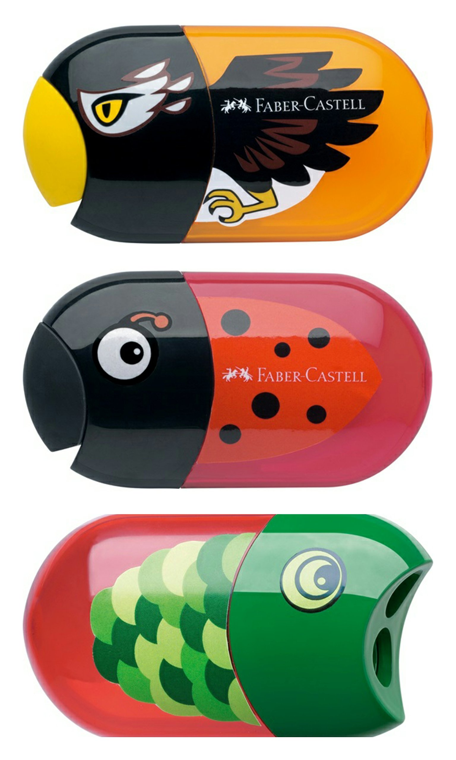 Faber-Castell Pencil Sharpener Kids 2 Hole (Standard & Jumbo) with Eraser & Container - 3 Colorful Fun Design