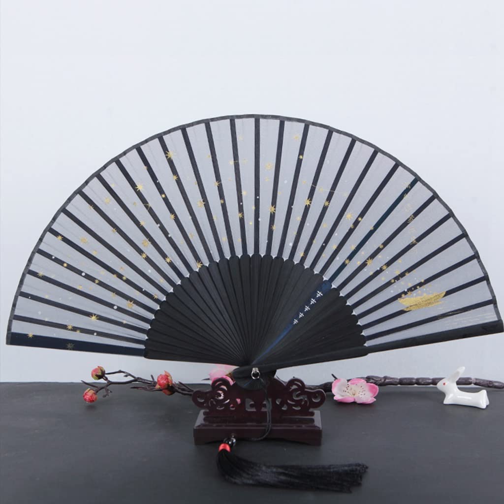 Folding Fan Chinese Style Women's Fan Summer Portable Folding Fan Ancient Style Bamboo Fan Dance Platform for Dance (Color : Black)