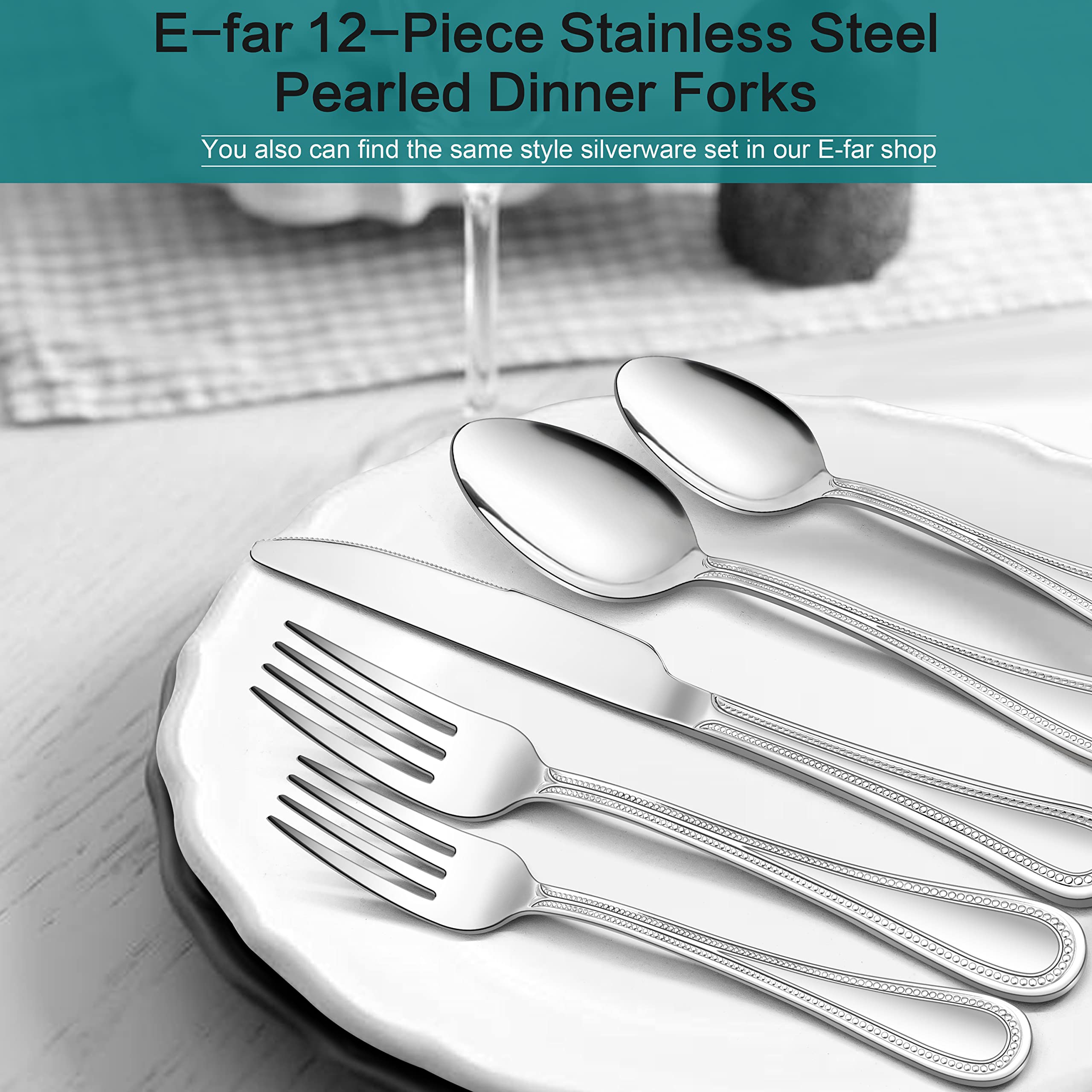 Forks Set of 12, E-far Stainless Steel Dinner Forks Silverware with Pearled Edge for Home/Kitchen/Restaurant, Mirror Polished & Dishwasher safe-7.9 Inches