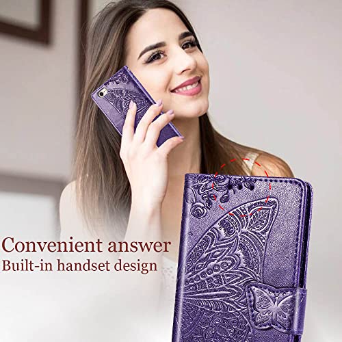 KRHGEIK Wallet Case for iPhone SE 2020/SE 2022/iPhone 8/iPhone 7,Women Butterfly Embossed PU Leather Stand Card Slots Wrist Strap Flip Folio Cover for iPhone 6/6S/7/8/SE 2nd/SE 3rd Gen (Purple)