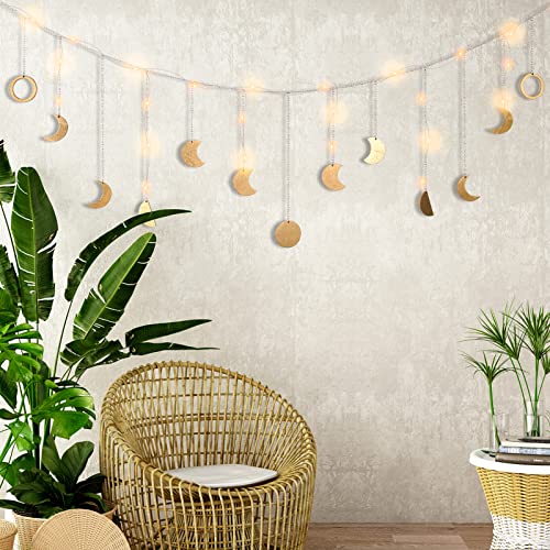 Moon Phase Wall Decor with LED String Light, 13 Gold Hammered Wood Boho Wall Hanging Decor Mood Garland 56'' - Celestial Phases Moon Decor in Bohemian Style for Bedroom Home Living Room Gift