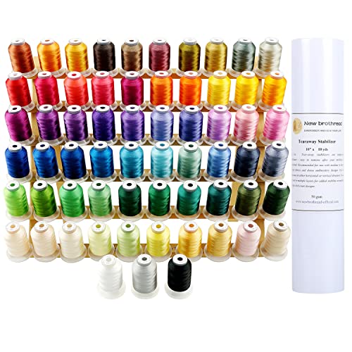 New brothread 63 Brother Colors Polyester Embroidery Machine Thread with Bonus of 10"x10yd Medium Weight Tearaway Embroidery Stabilizer