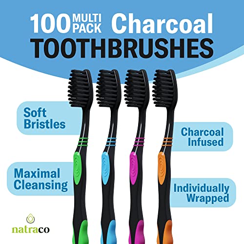 natraco Charcoal Bulk Toothbrushes Individually Wrapped - Deep Clean Charcoal Infused Soft Bristle – Multi Colored Tooth Brush with Covers - for Travel, Kids, Family, Dental Care Etc. 100 Count