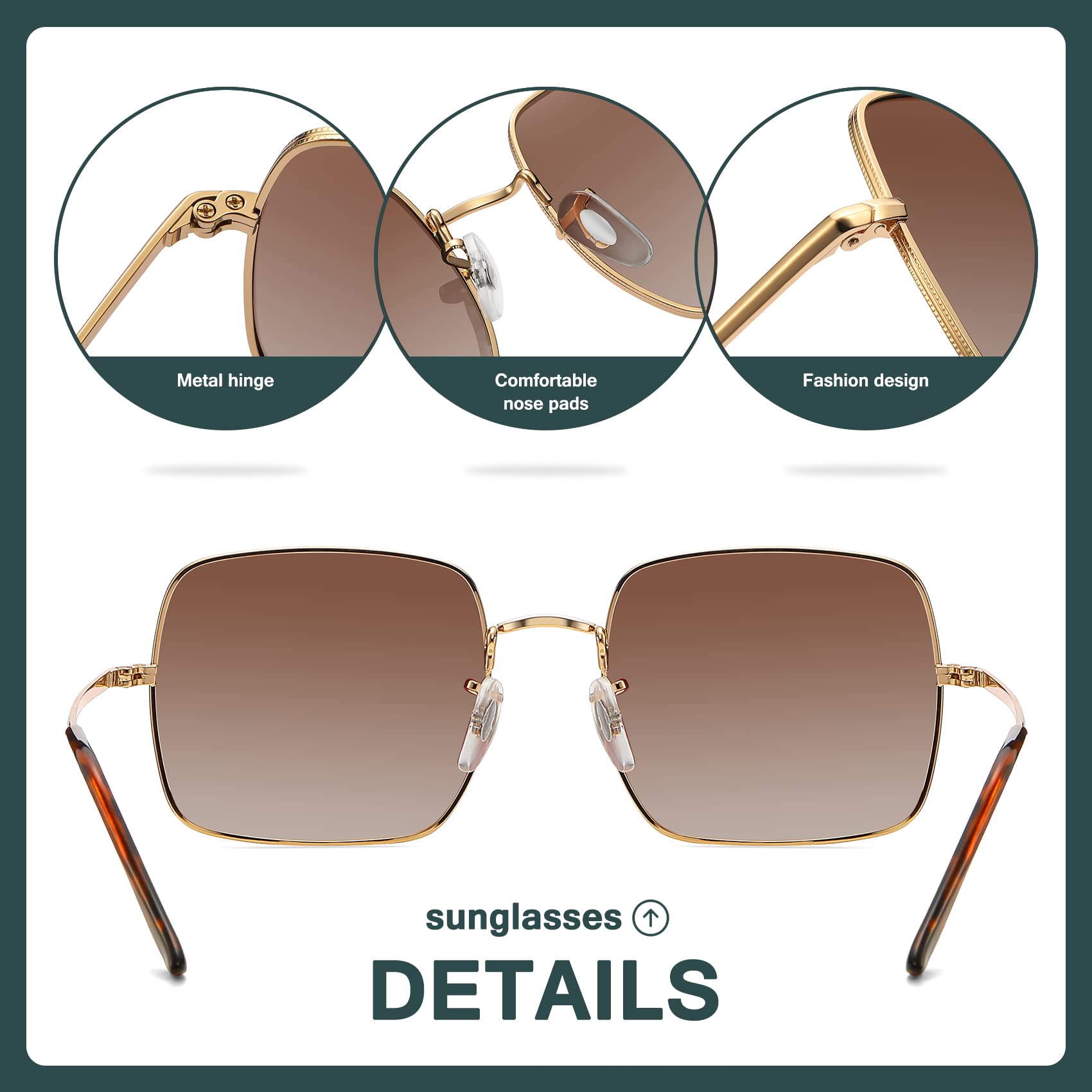 Fozono Rectangle Polarized Sunglasses for Women Metal Frame Vintage Fashion Shades(Gold Frame and Brown Lens)