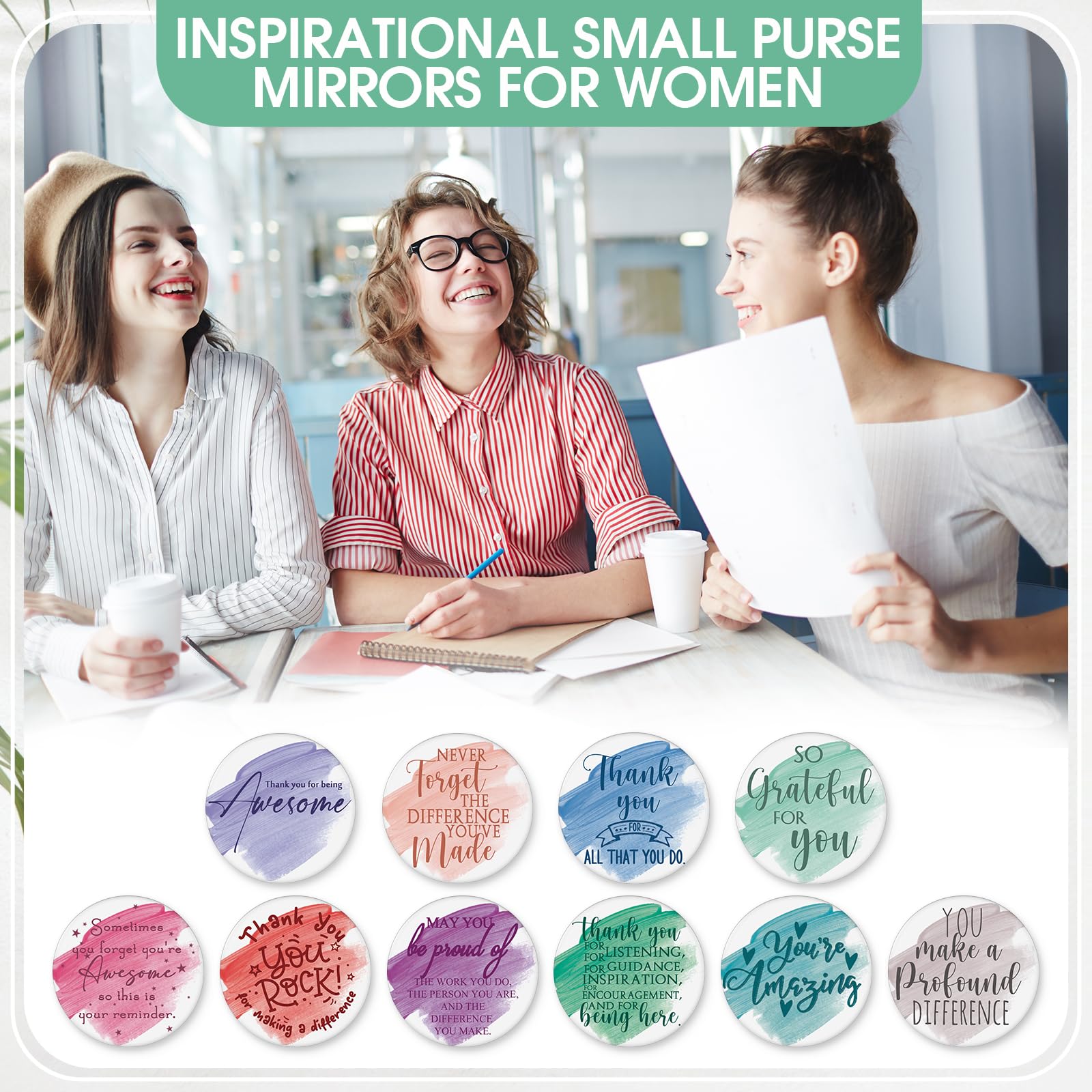 Kigley 50 Pcs Employee Appreciation Gifts Inspirational Compact Mirrors Bulk Round Pocket Mirror for Women Portable Makeup Mini Mirror for Teachers Coworker Secretaries Nurse Students
