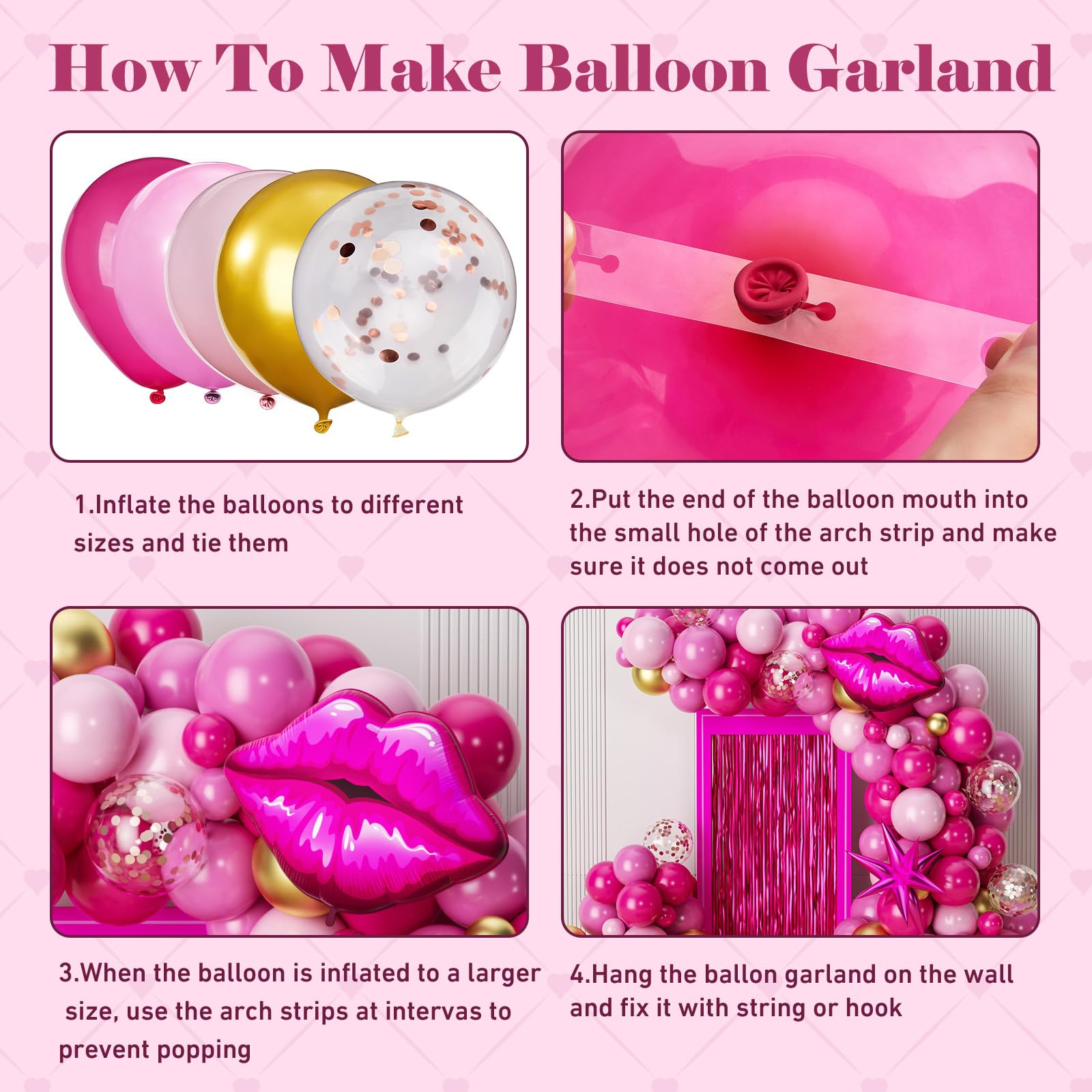 Formulen Pink Balloon Garland Arch Kit, Hot Pink Rose Gold Metallic Balloons Theme Party Girl Birthday Bridal Baby Shower Mother's Day Princess Theme Party Background Decorations Supplies