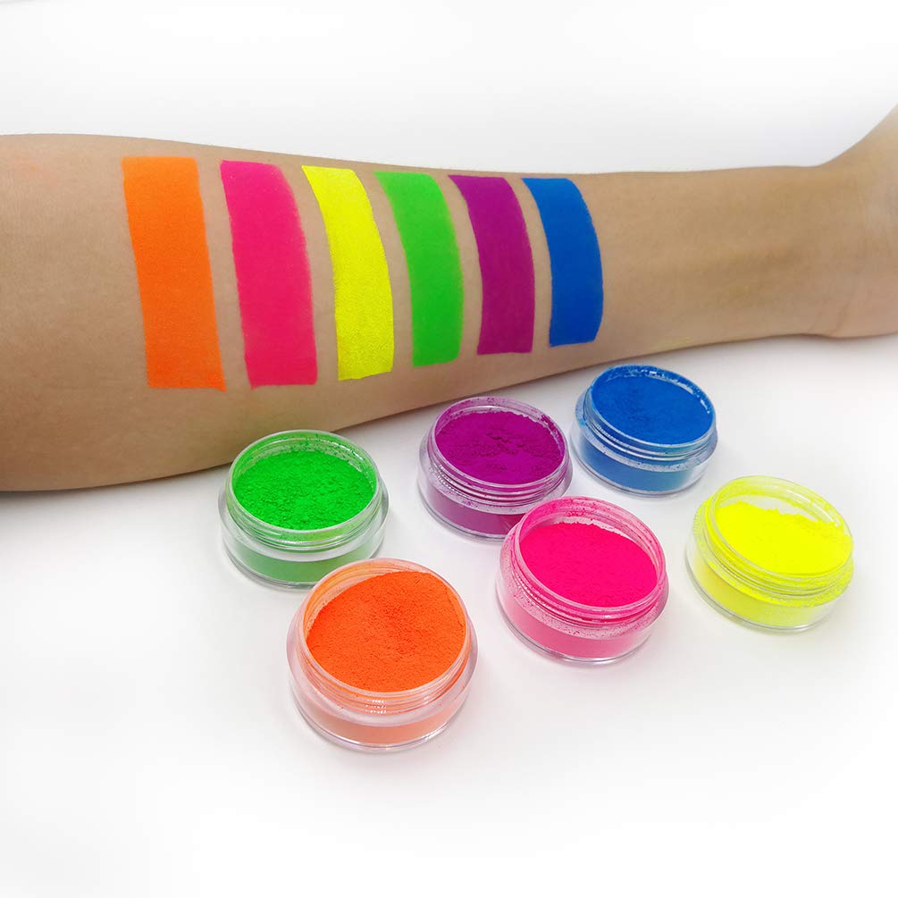 FindinBeauty Neon Pigment Eyeshadow Powder UV Reactive Glow in the Blacklight 6 Mixed Bright True Colors for Body/Eyeshadow, Carnival Party Halloween Makeup (6NE)