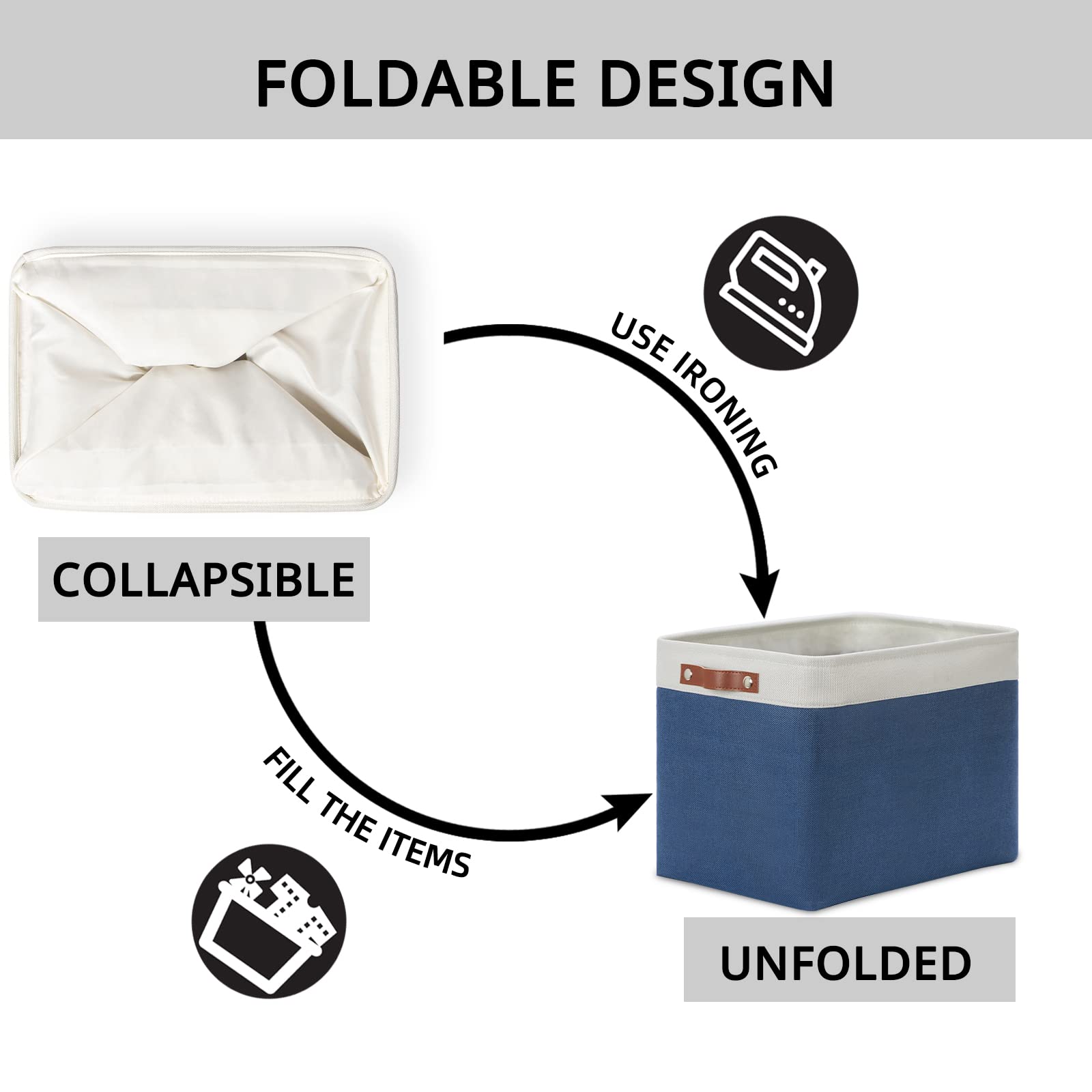 DULLEMELO Collapsible Bundle Baskets 3 Medium Baskets 15"x11"x9.5" + 2 Large Baskets 16"x12"x12"(White&Blue)