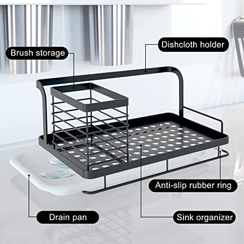Hittanous Kitchen Sink Caddy, Rustproof Kitchen Sink Organizers with Drain Pan, Kitchen Caddy for Brush Dishcloth Soap and Sponge Holder Kitchen Sink Bathroom Accessories Storage Countertop (Black)