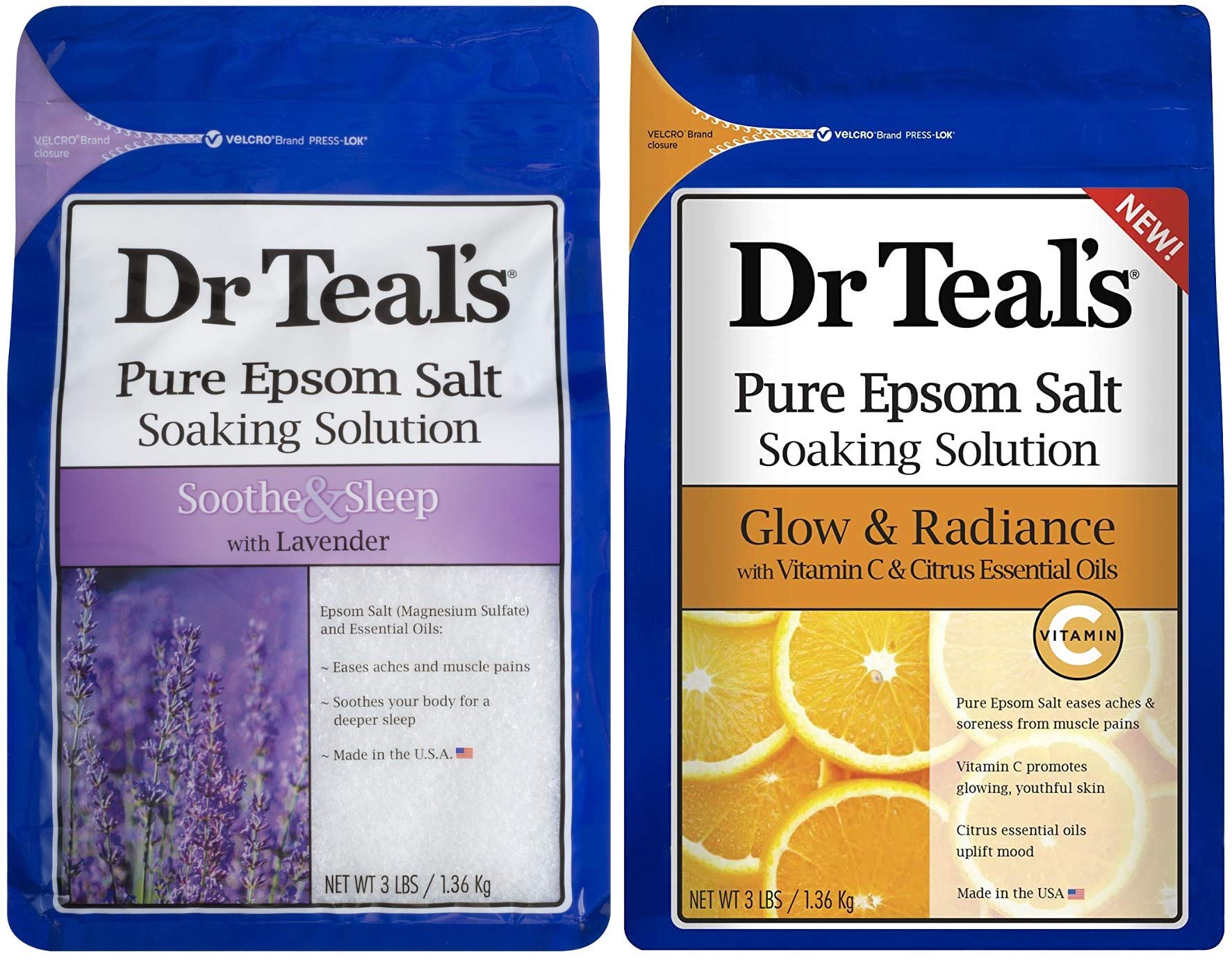 Dr. Teal's Pure Epsom Salt Bath Soaking Solution Gift Set - (2 Bags, 6 lbs Total) - Soothe & Sleep Lavender and Glow & Radiance with Vitamin C & Citrus Essential Oils - Treat Sore Muscles at Home