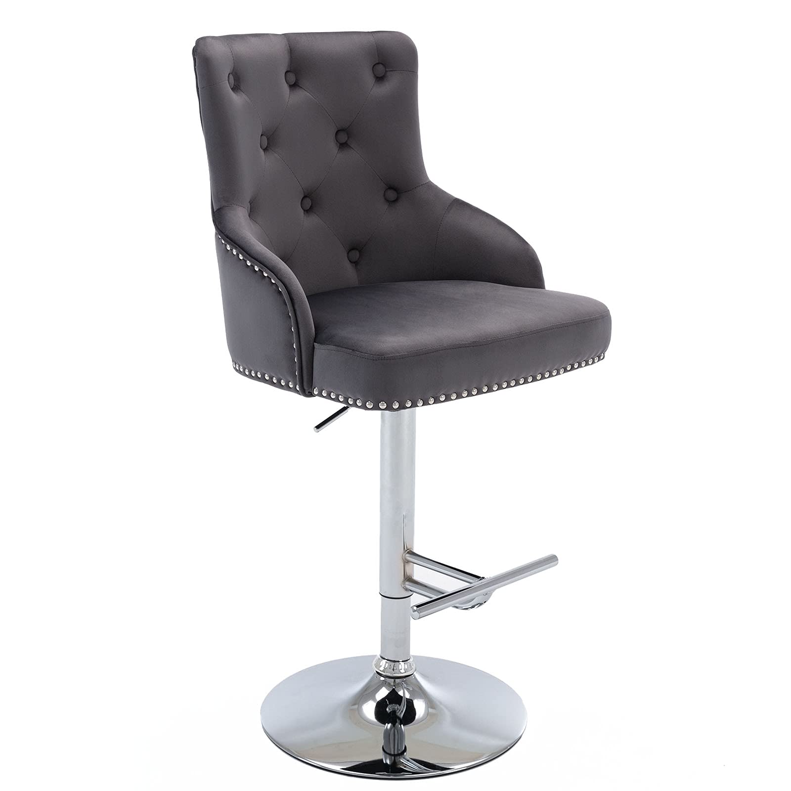 DMF Velvet Bar Stools Chairs with High Back Arms, Height Adjustable in Kitchen Dining Counter Room Fabric Barstools (Sliver Base, Grey)