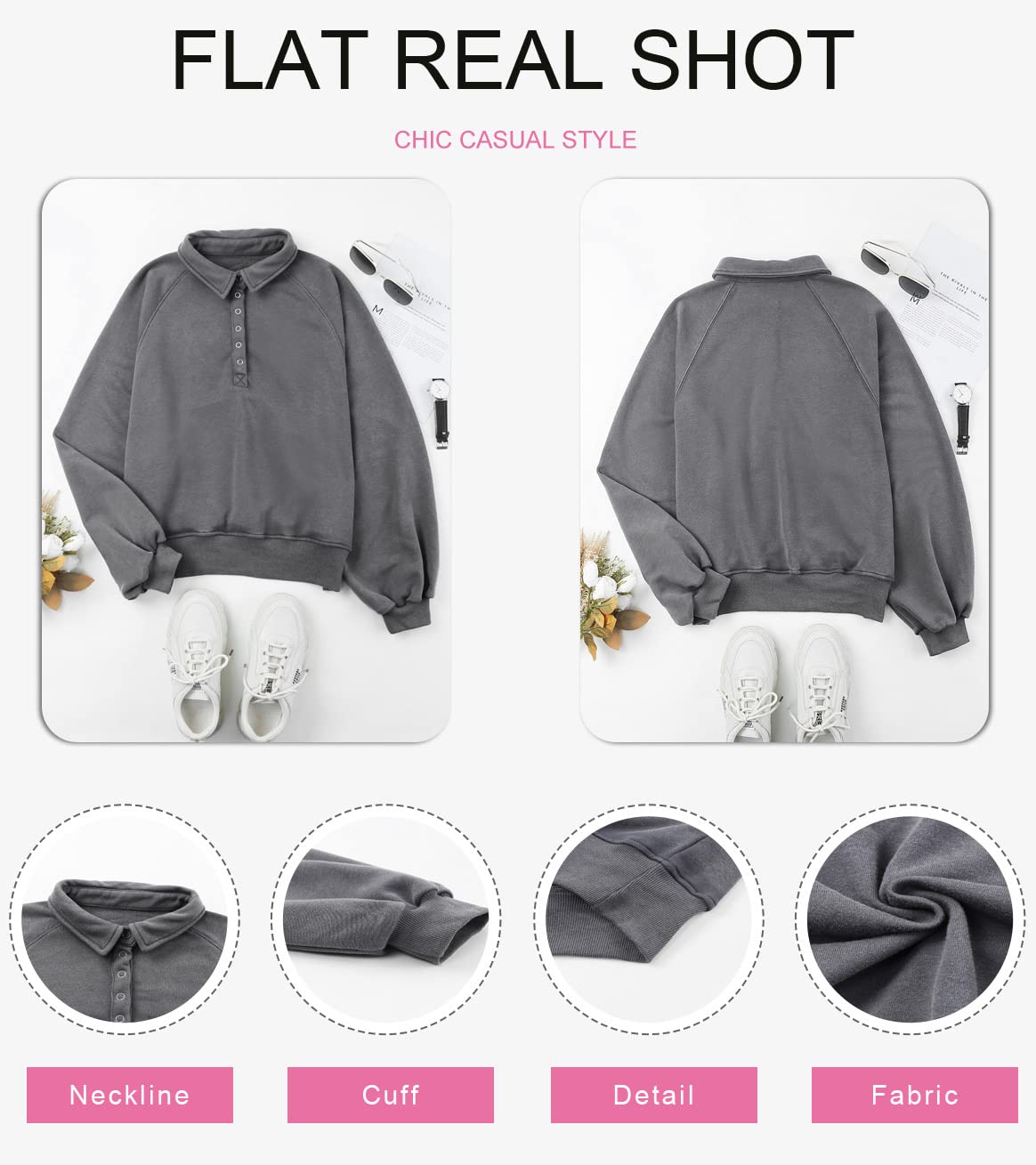 Dokotoo Womens Sweatshirts Winter 2023 Fall Tops Long Sleeve Lantern Sleeve Sweatshirts for Women Button Collar Crewneck Oversized Loose Fleece Pullovers Basic Casual Ladies Shirts Grey Medium